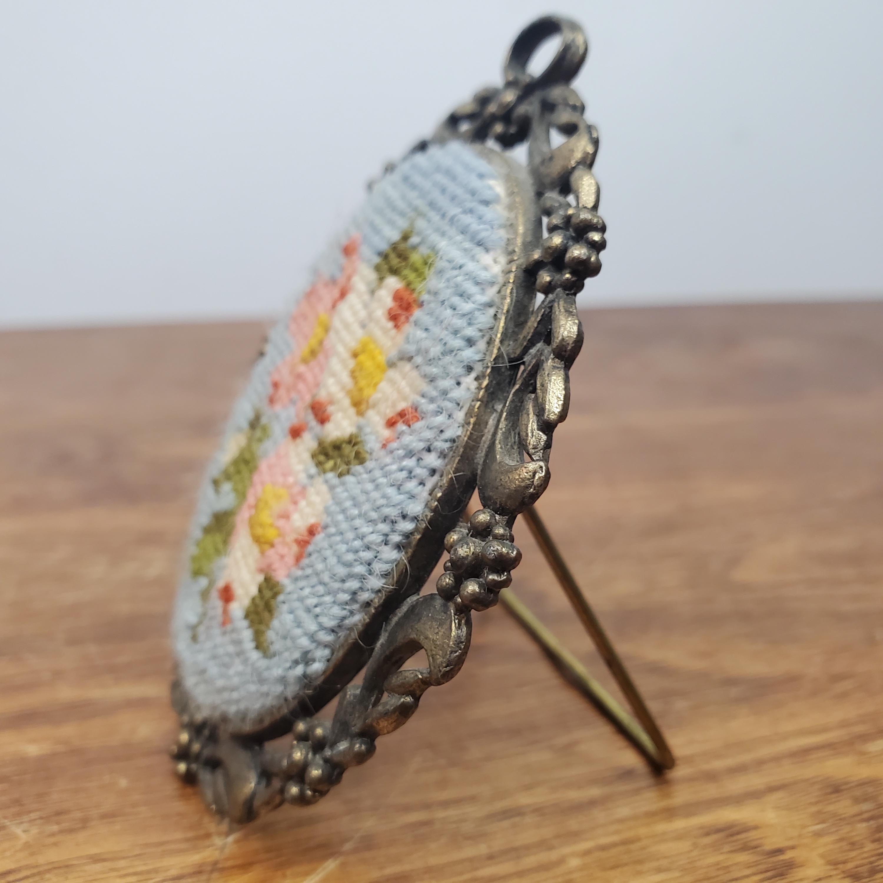 Vintage 3” Brass Frame With Floral Needlepoint Embroidery | Petite Oval ...