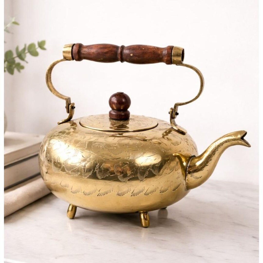 Vintage Brass Tea Kettle With Wooden Handle & Engraved Floral Design - Etsy