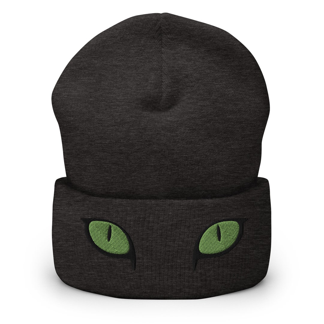 Green Embroidered Cat Eyes Beanie, Cat Eyes Gift, Cat Present, Cute Cat ...