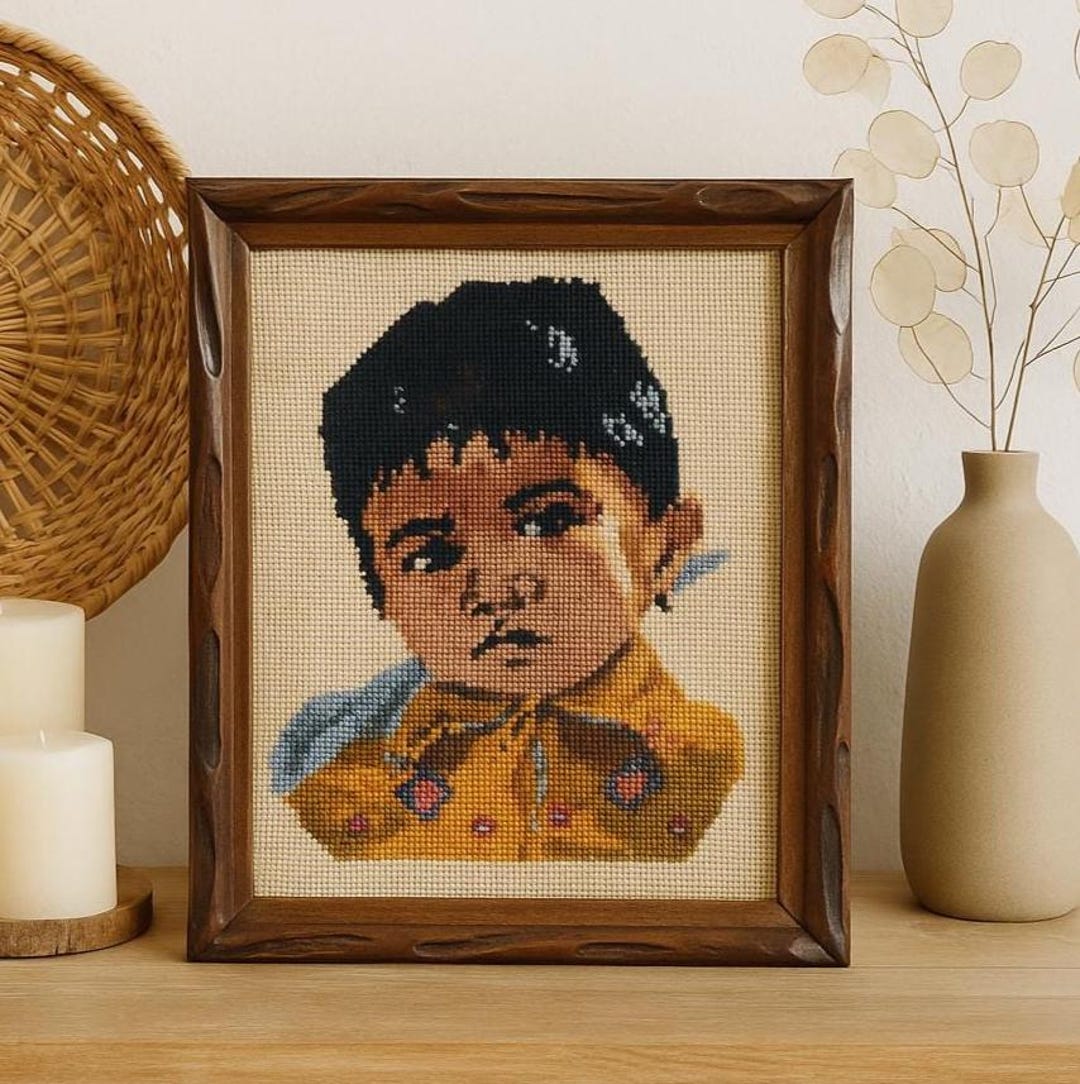 Vintage Framed Needlepoint Portrait | Canadian Insigenous Boy Folk Art ...