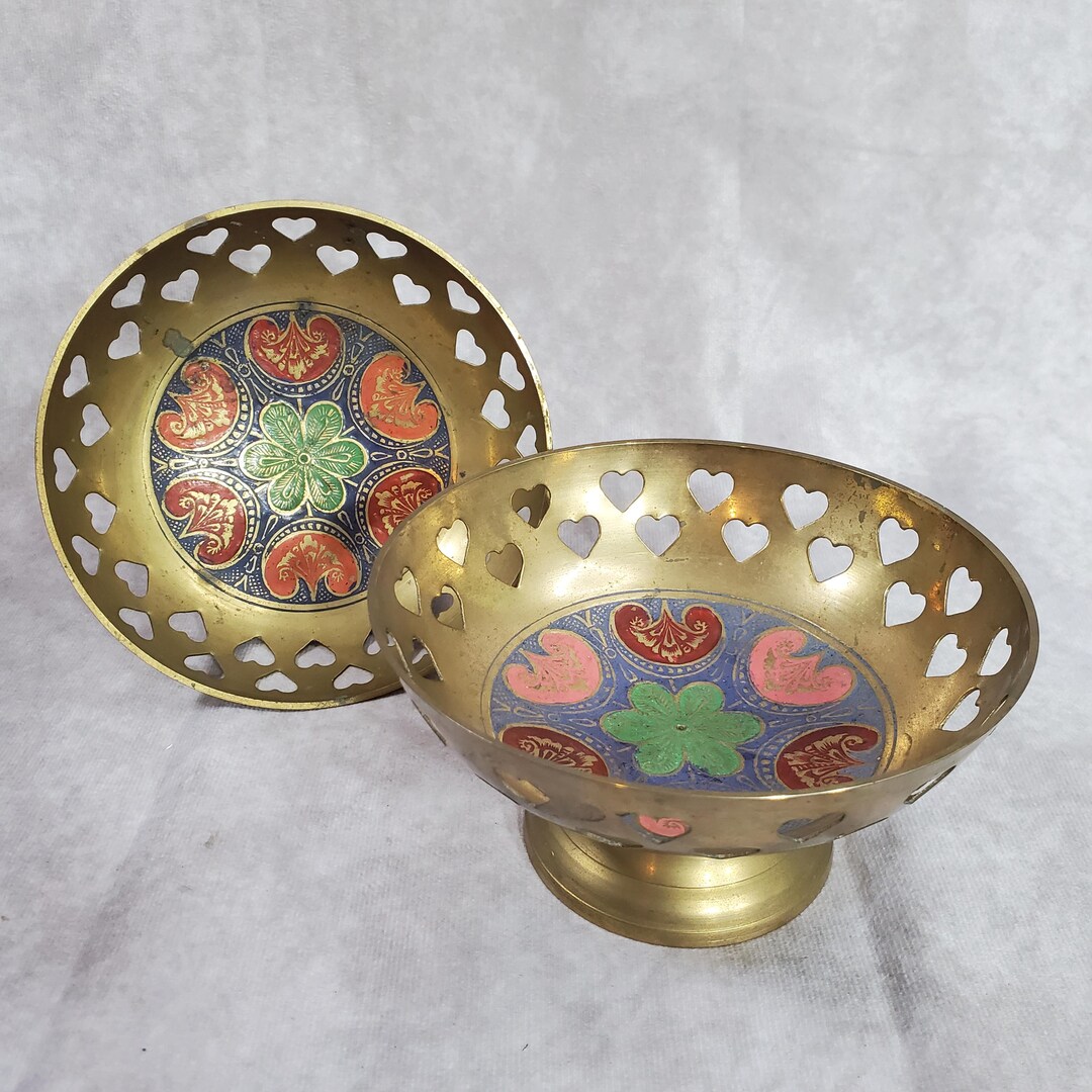 Vintage Solid Brass Heart Cutout Bowls Enamel Center Made in India ...