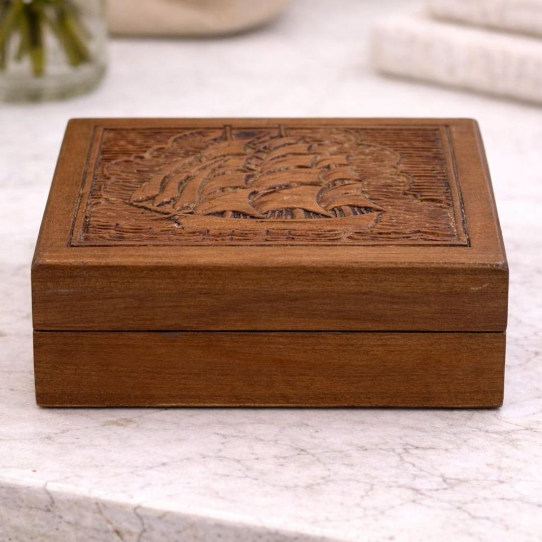 Vintage Wooden Trinket Box With Carved Sailing Ship Design & Brass ...