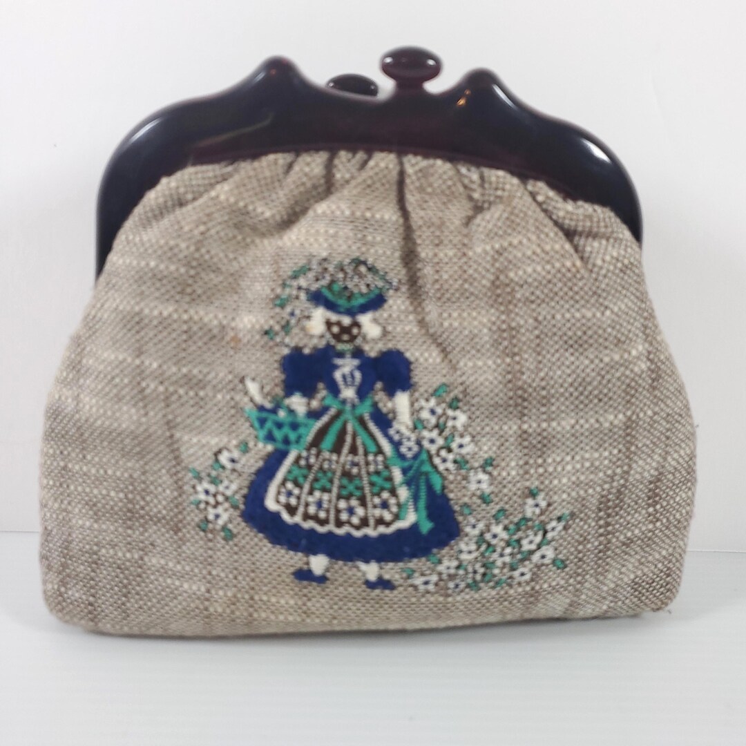 Vintage Michiko Kuge Embroidered Purse Japan Folk Art Clutch Kiss Lock ...