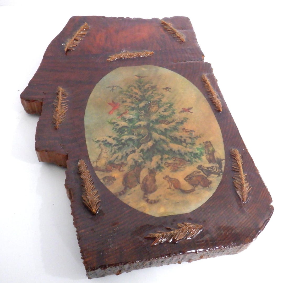 Vintage Woodland Christmas Tree Wall Art on Live Edge Wood Slab – Resin ...