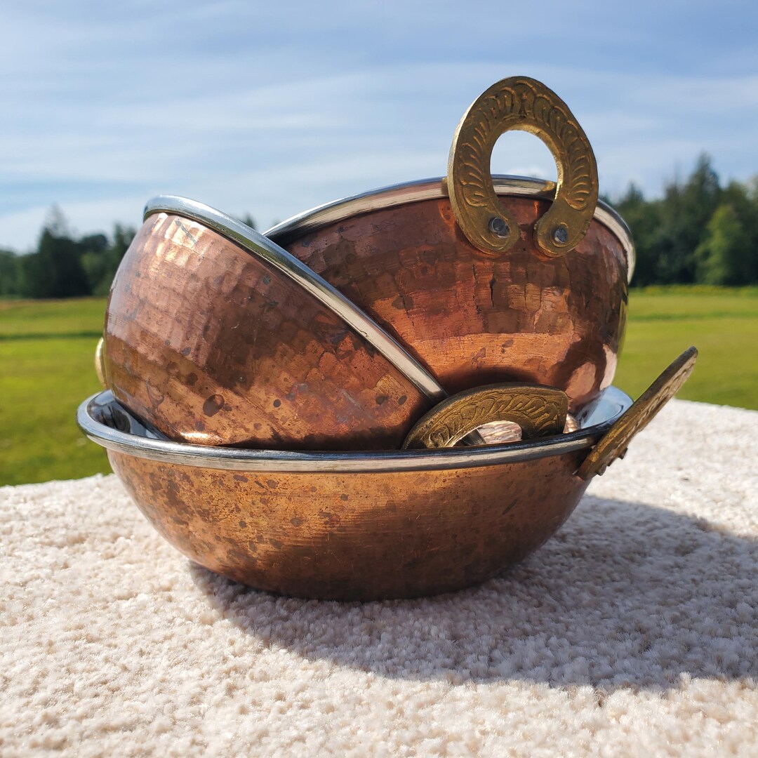 Vintage Set of 3 Hammered Copper Stainless Bowls Brass Handles ...