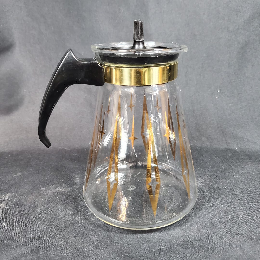 VTG Pyrex Atomic Gold Diamond Coffee Carafe MCM Glass Pot With Lid Mid ...