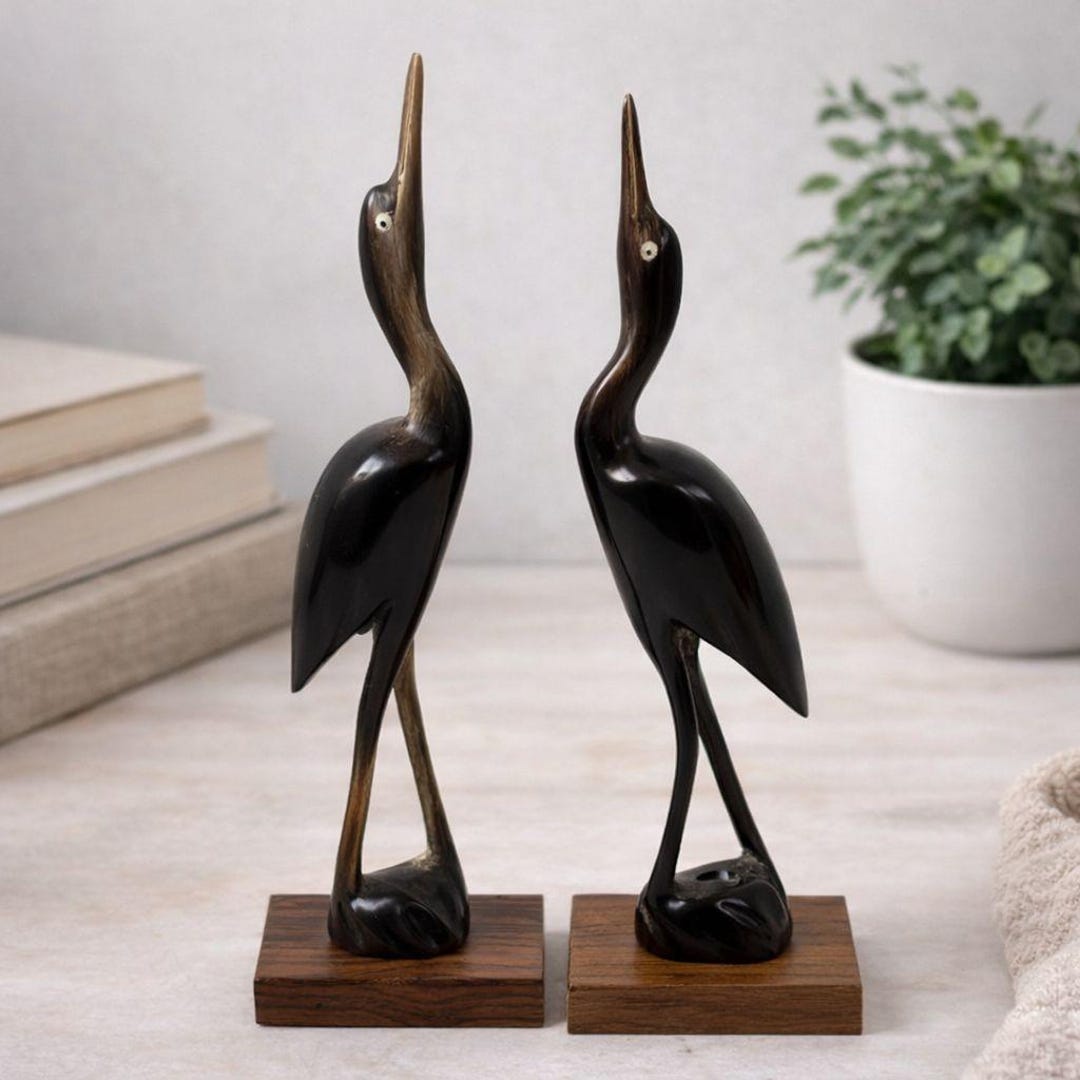 Vintage Hand Carved Wooden Crane Figurines Elegant Folk Art Sculptures ...
