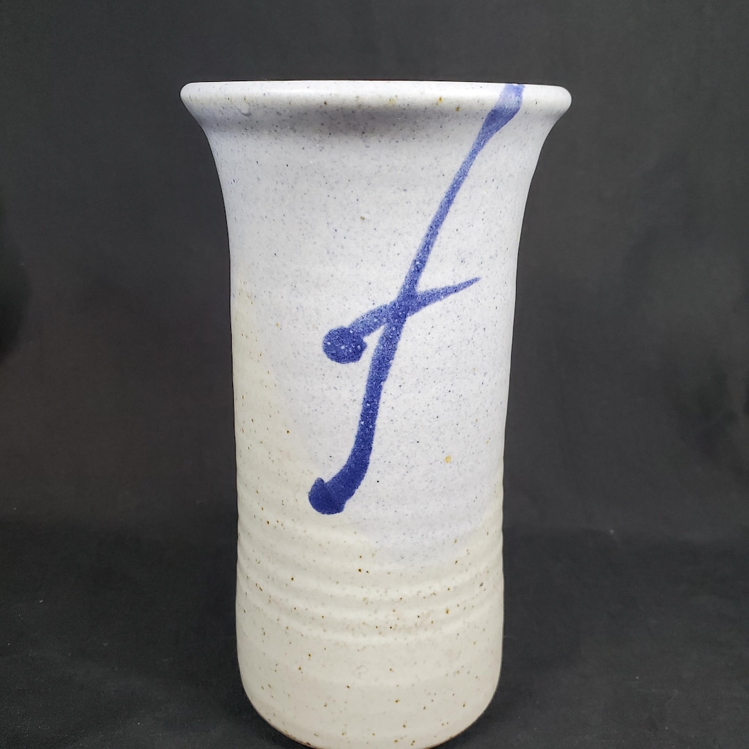 VTG Studio Pottery Vase Hand Thrown Speckled Stoneware Blue Brushstroke ...