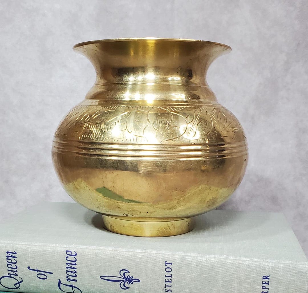 Vintage Brass Lotta Pot Floral Etched Indian Urli Bowl Altar Vase Boho ...