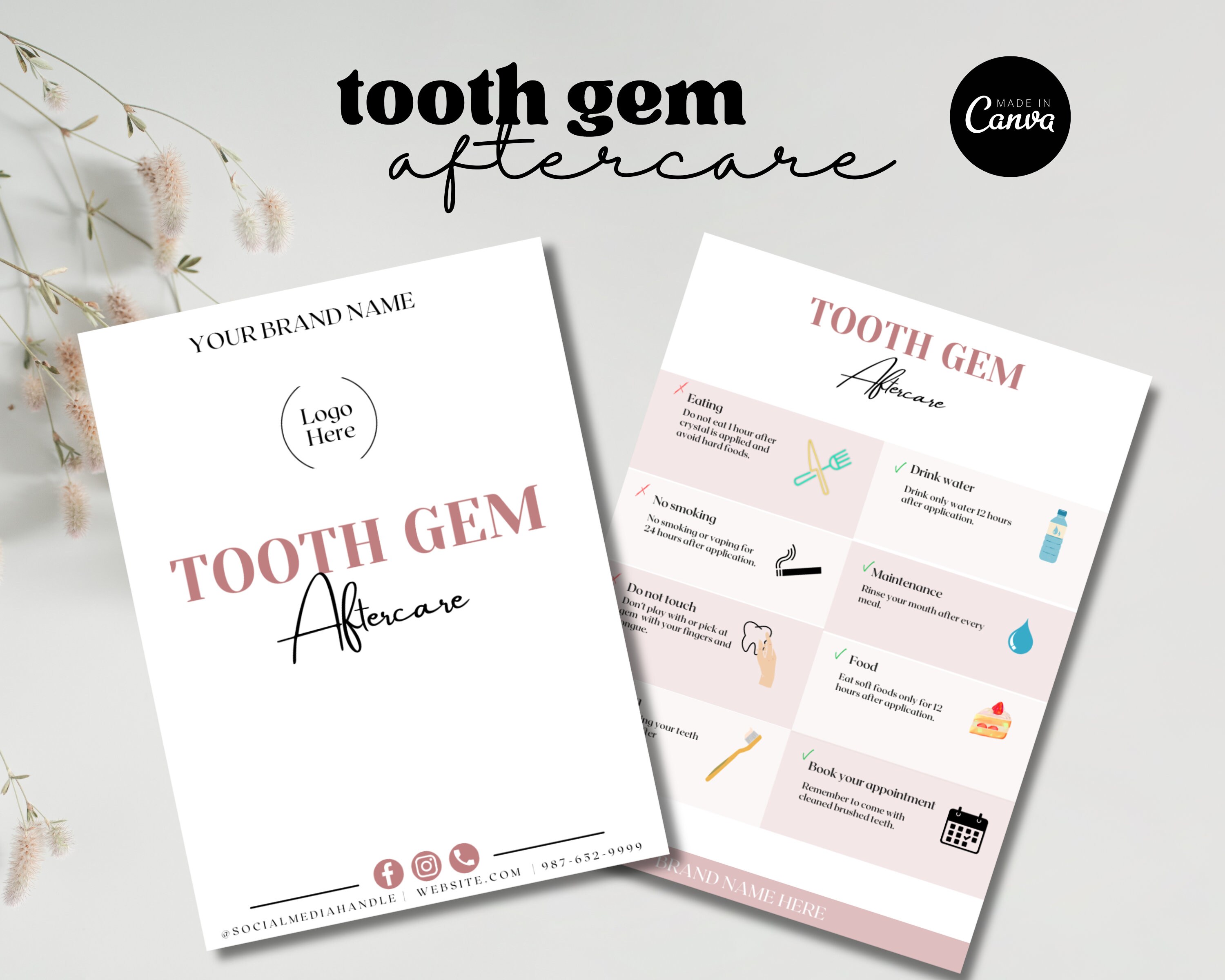 Tooth Gems Aftercare Card, Printable Teeth Jewel Care Template ...