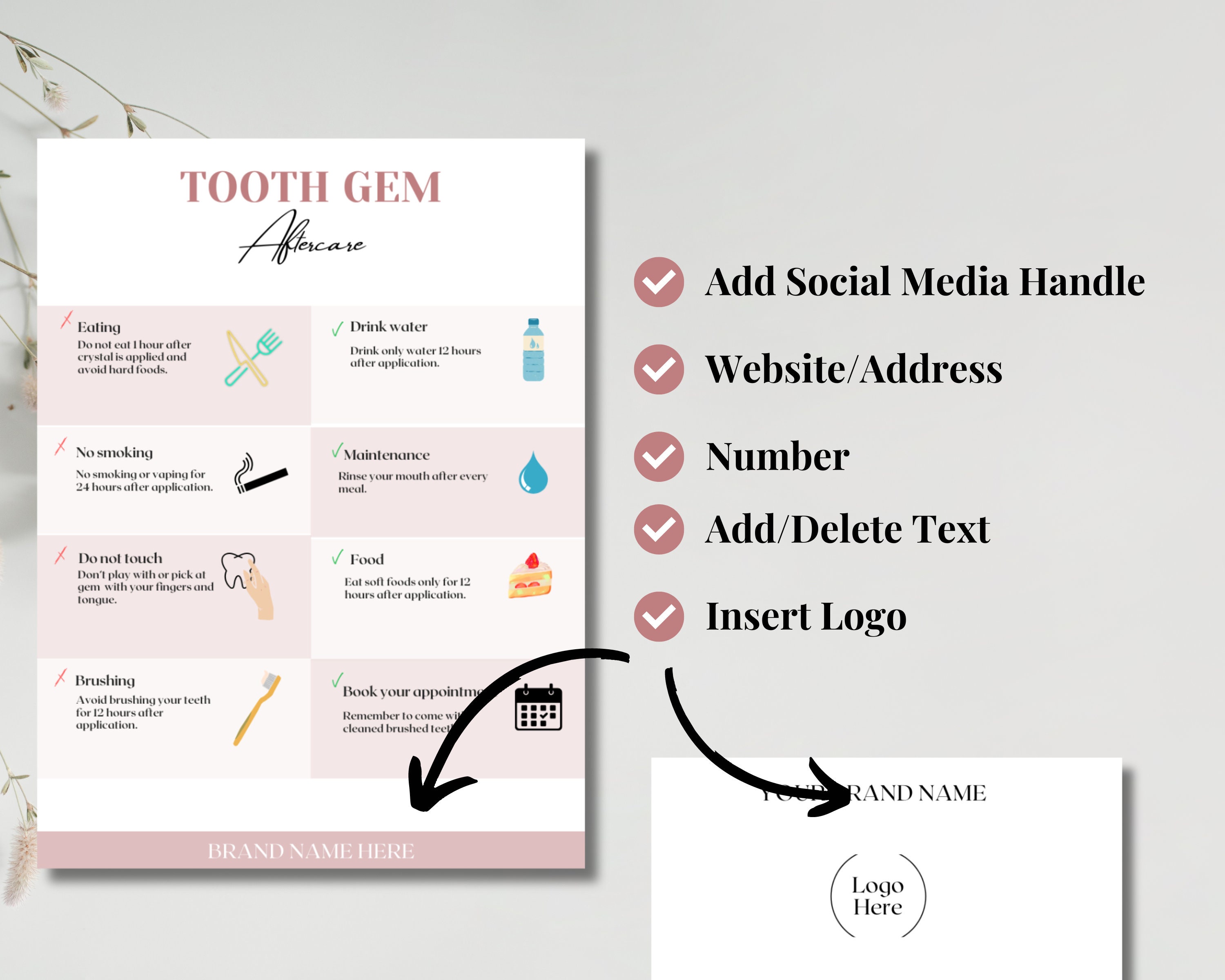 Tooth Gems Aftercare Card, Printable Teeth Jewel Care Template ...