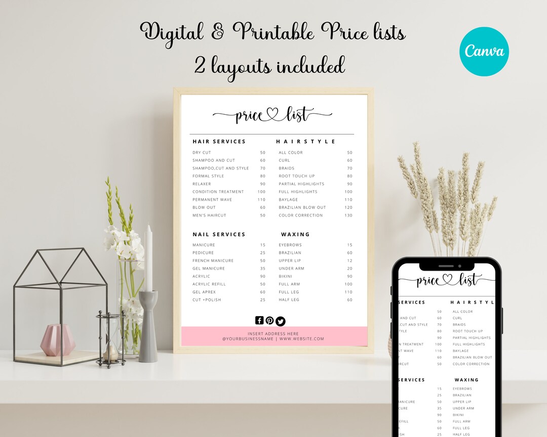 Price List Template, EDITABLE Price List, Price Sheet Template, Digital ...