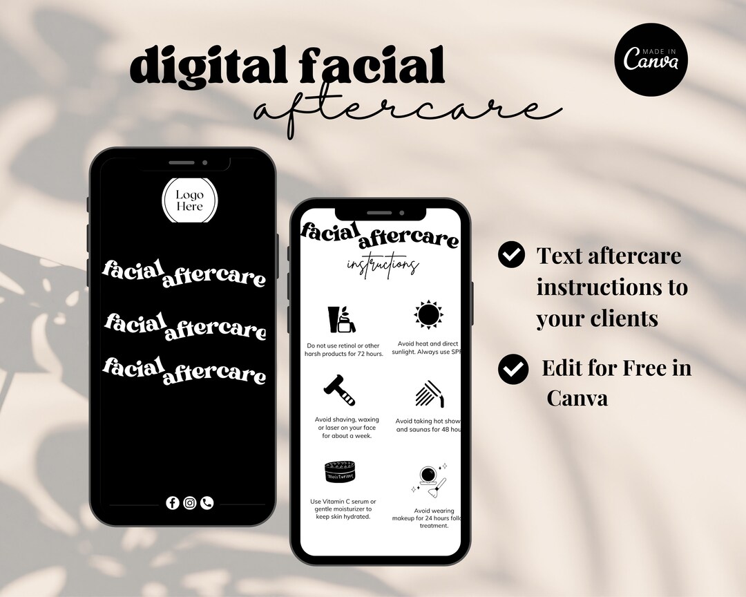 Digital Facial Aftercare Card Template, Editable Facial Treatment Post ...