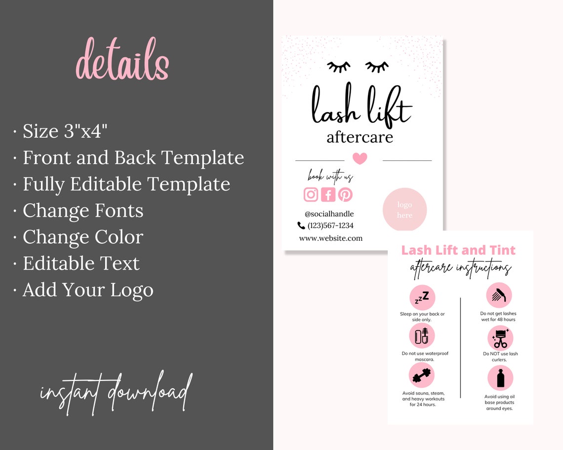 Lash Lift Tint Care Card Editable Lash Lift Aftercare Card - Etsy