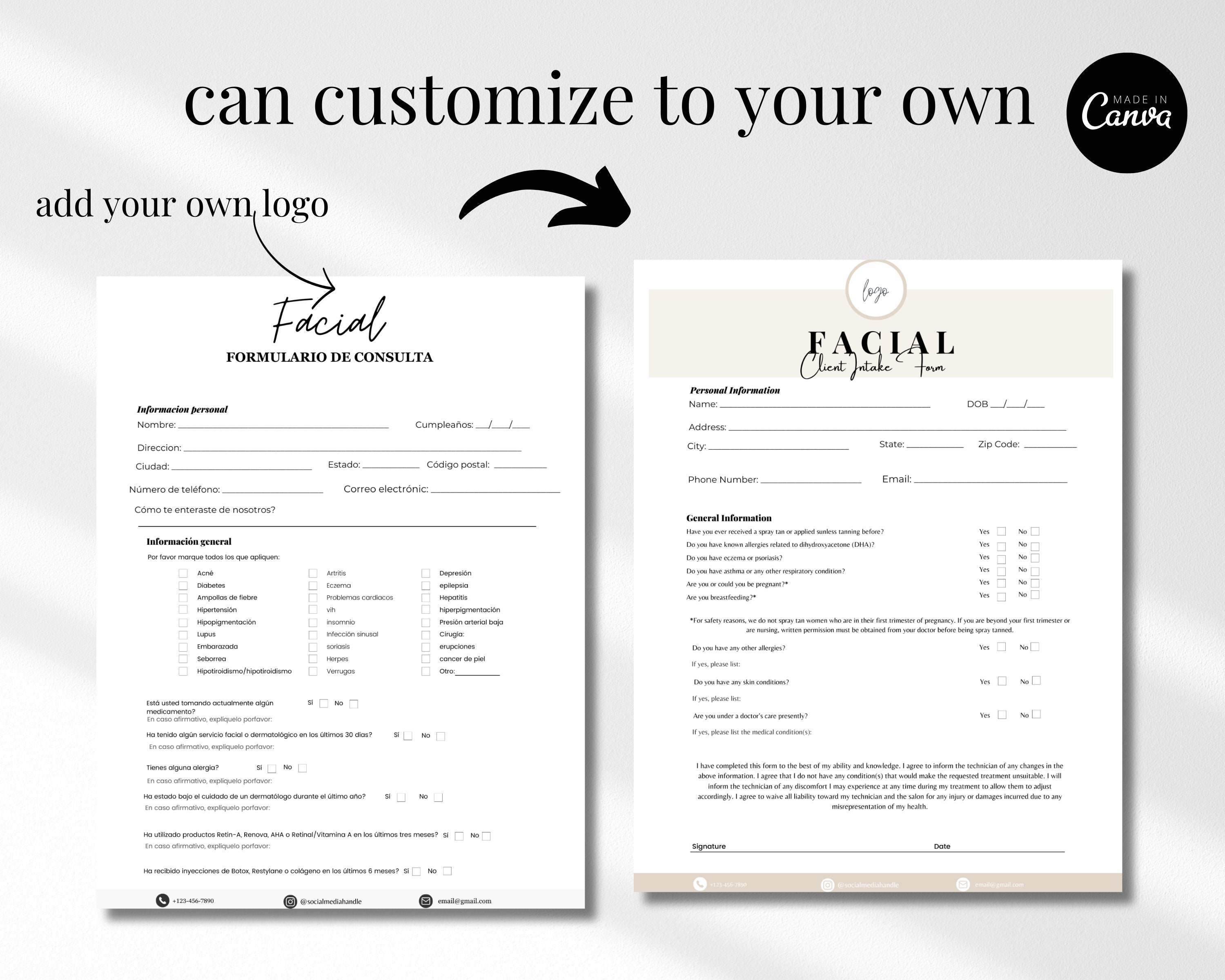 Español Spanish Facial Treatment Forms Editable Esthetician Templates ...