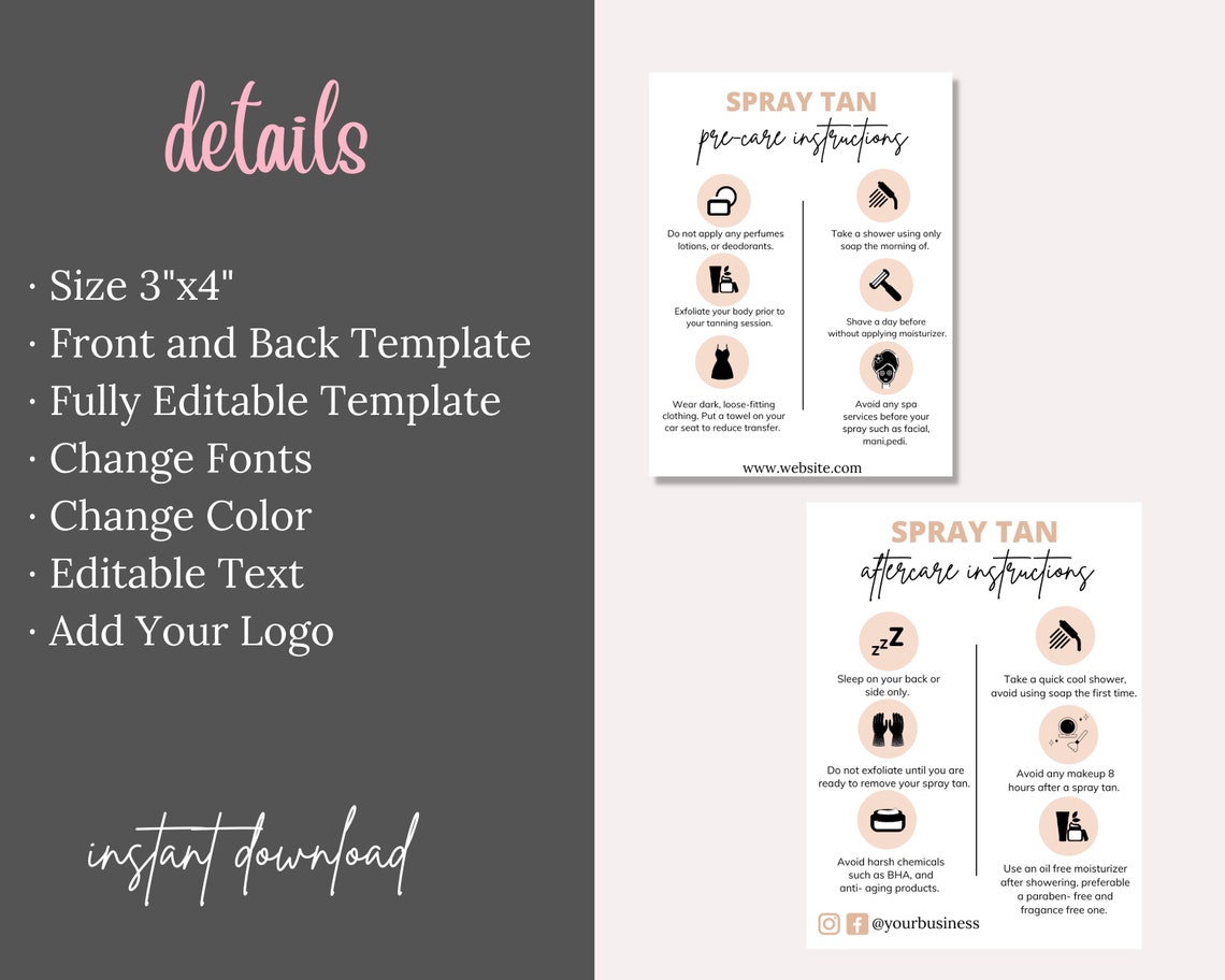 Spray Tan Care Card Spray Tan Aftercare Card Spray Tan Pre - Etsy