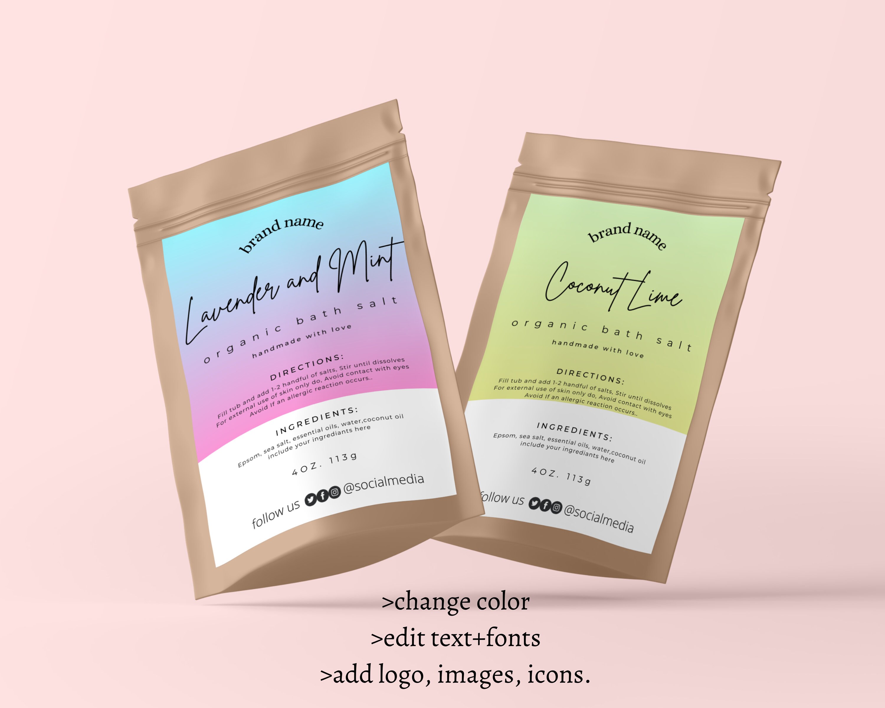 Editable Pouch Label Template, Bath Salts Packaging Label, Printable ...