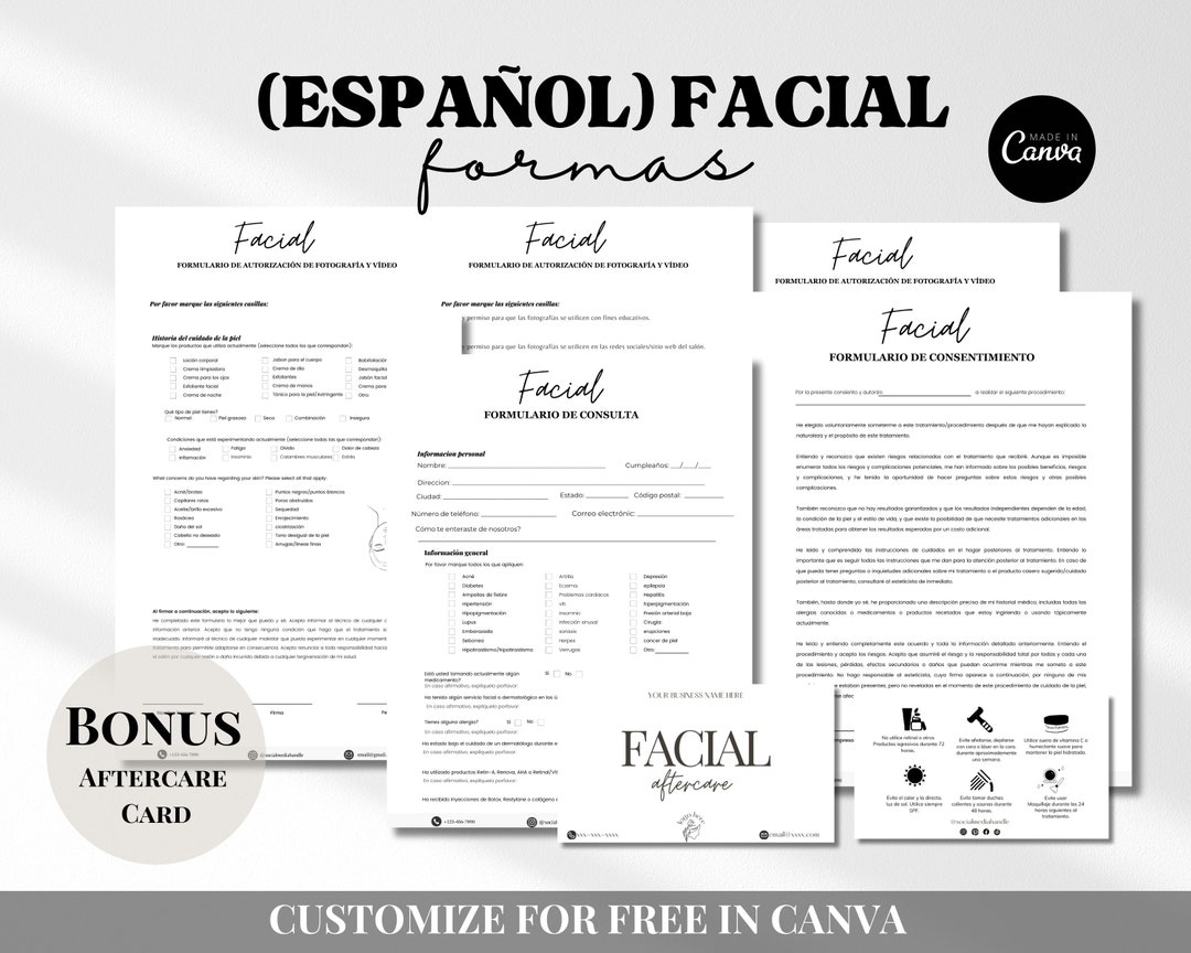 Español Spanish Facial Treatment Forms - Editable Esthetician Templates ...