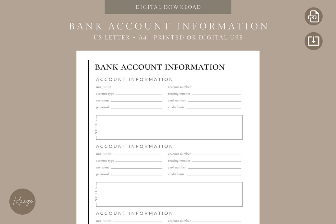 Bank Account Information Tracker | Printable | US Letter, A4 | Bill ...