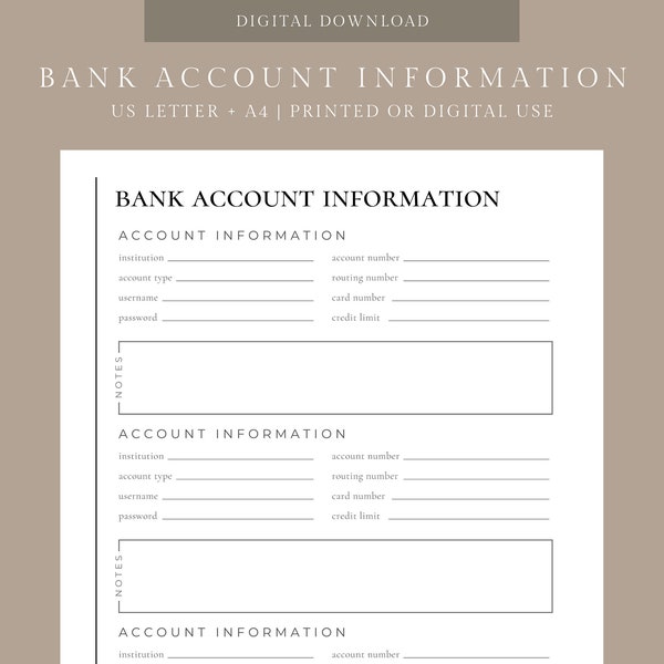 Bank Account Info Planner - Etsy