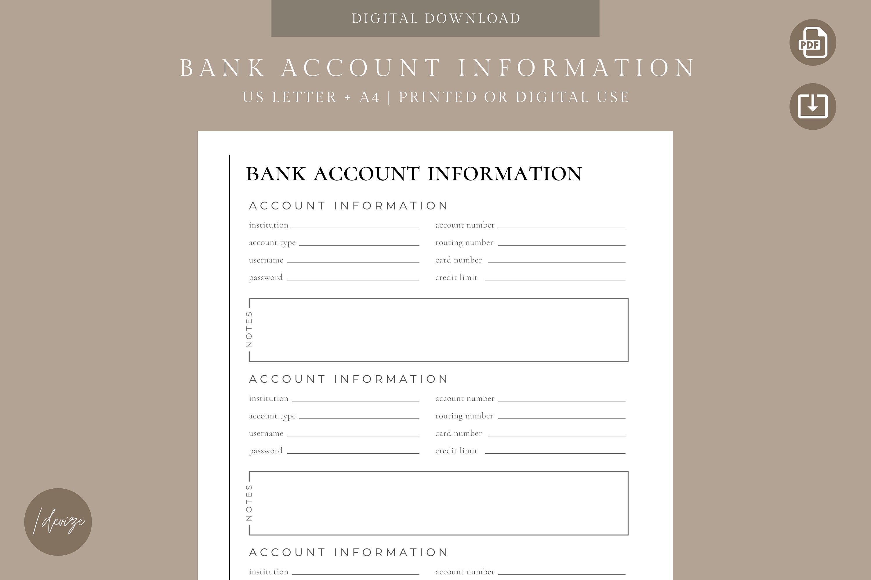 Bank Account Information Tracker | Printable | US Letter, A4 | Bill ...