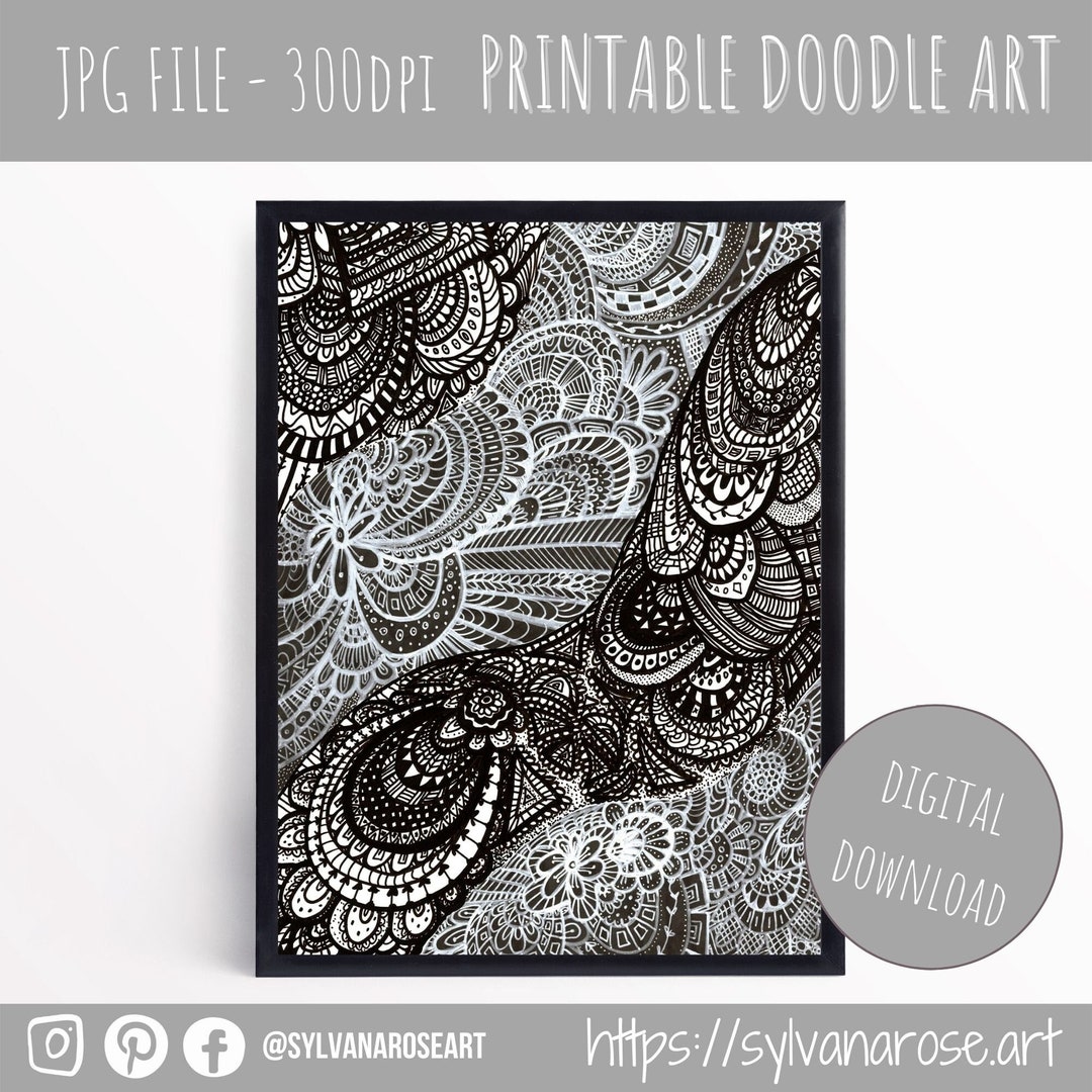Doodle Wall Art Doodle Printable Wall Art Black and White Tangles ...