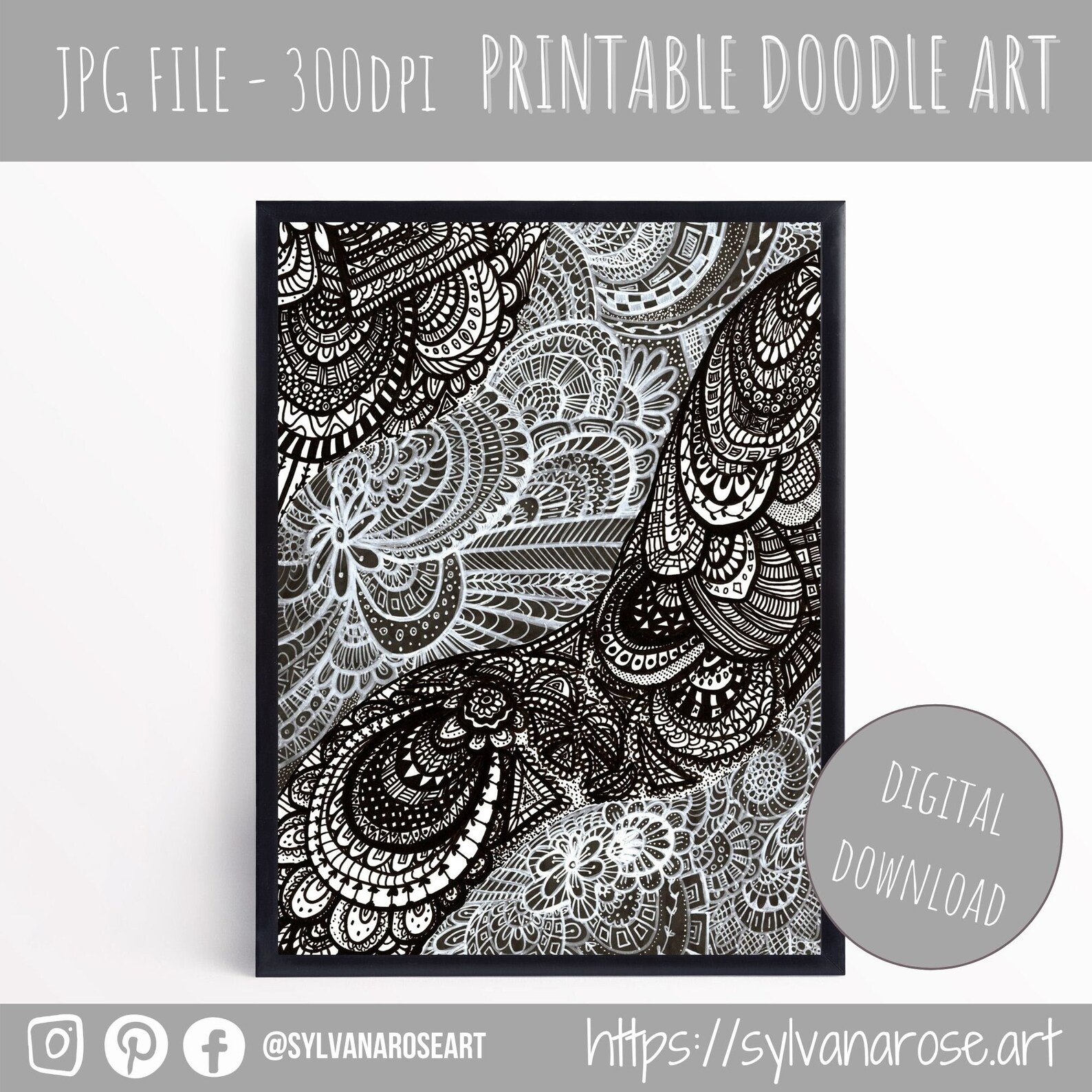 Doodle Wall Art Doodle Printable Wall Art Black and White Tangles ...