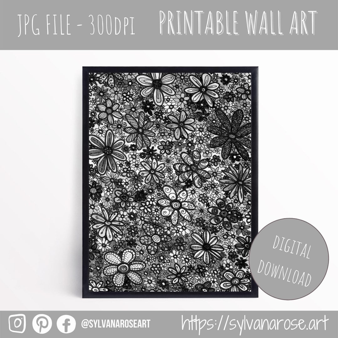 Doodle Wall Art Doodle Printable Wall Art Black and White Flower ...
