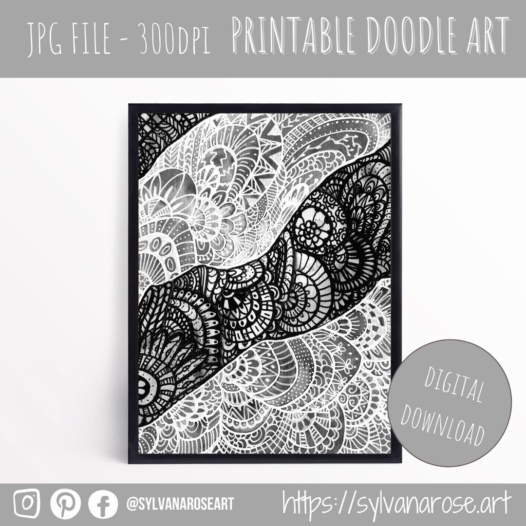 Doodle Wall Art Doodle Printable Wall Art Black and White Tangles ...