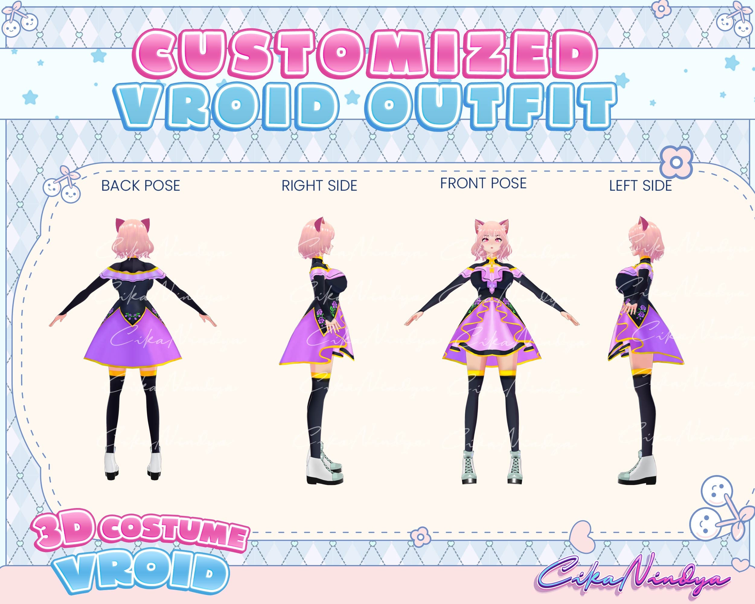 Unique 3D Vroid Costume Black Lilac Dress for Vtuber Stream - Etsy
