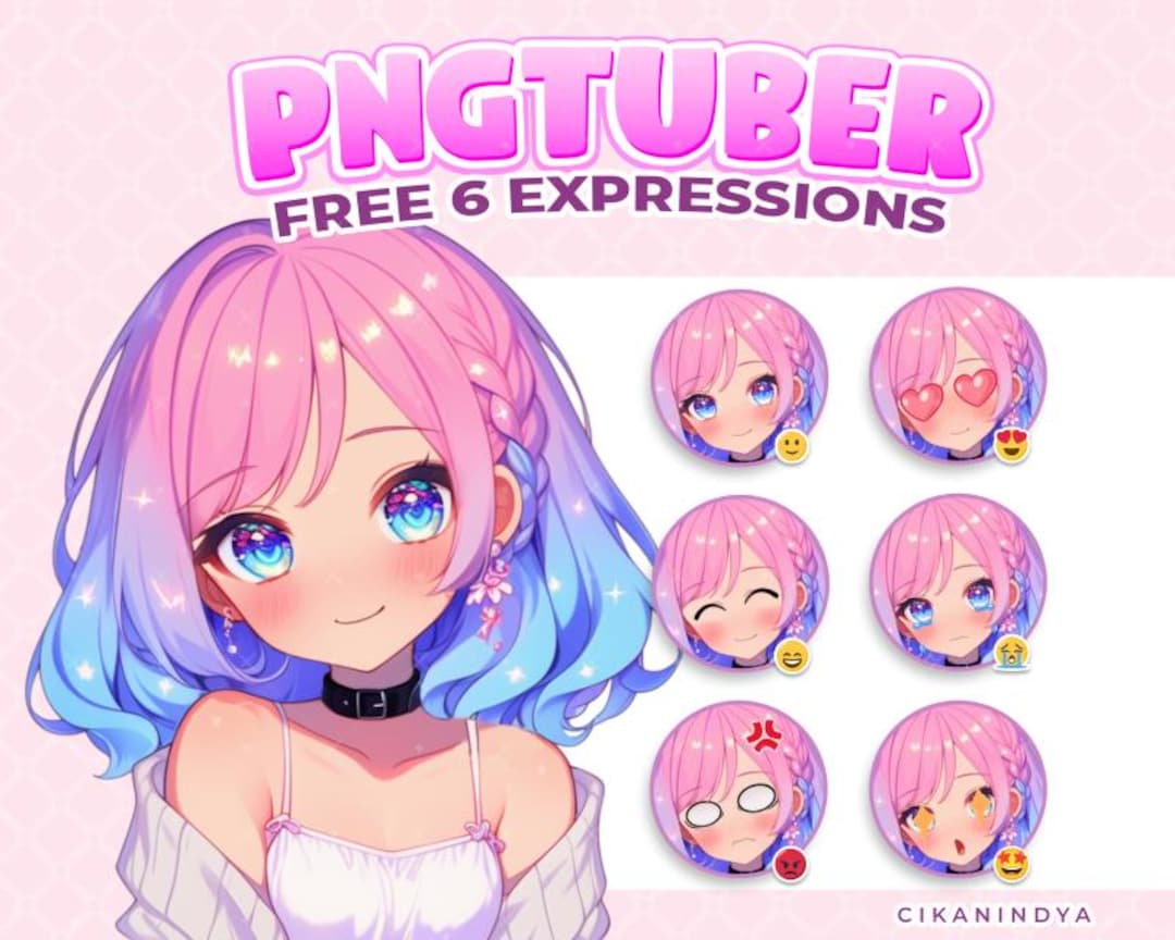 PNG Tuber | Beautiful Pink and Blue Hair Vtuber Character | Get 6 Poses ...