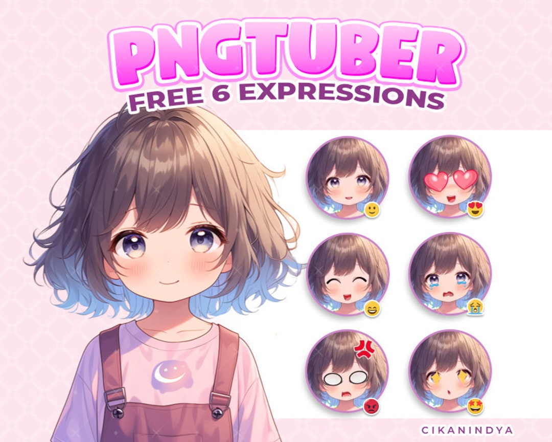 Chibi Girl Pngtuber Model: Brown Hair, Blue Highlights, 6 Poses - Etsy