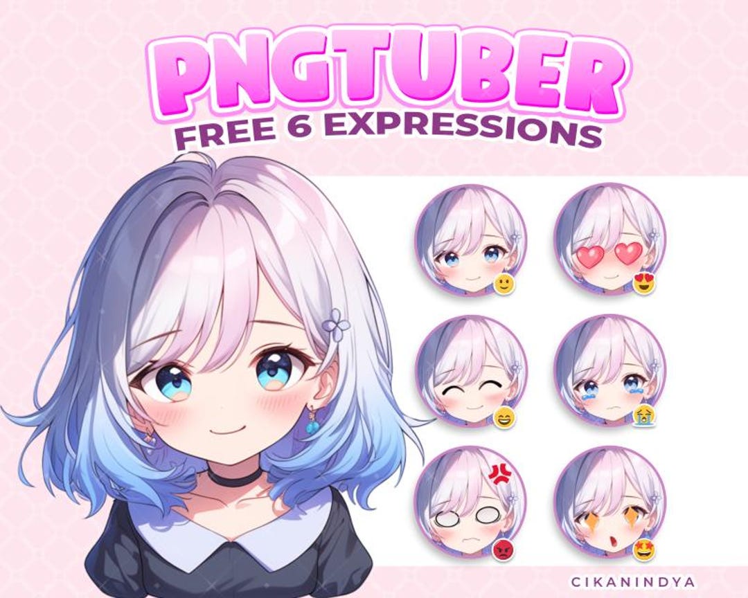 Blue Hair Chibi PNG Tuber Avatar: 6 Poses, Expressive Live2d Model ...