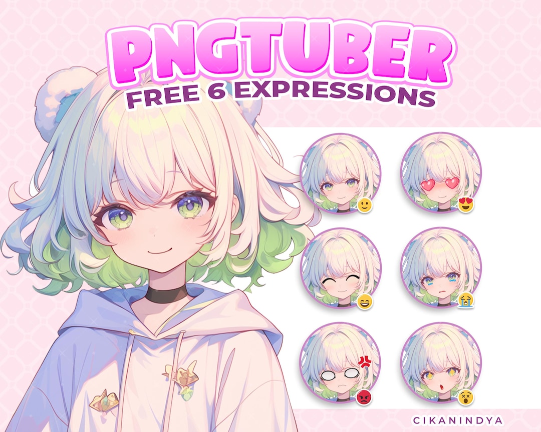 PNG Tuber | Chibi Girl With Green Highlights and Bear Ears | Get 6 ...