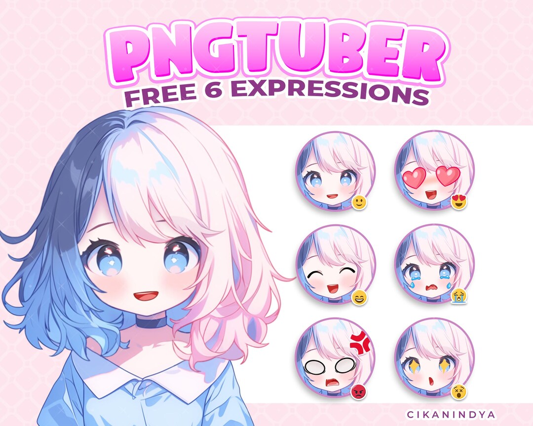 Chibi PNG Tuber Avatar: Blue & Pink Split Hair, 6 Expressions - Etsy