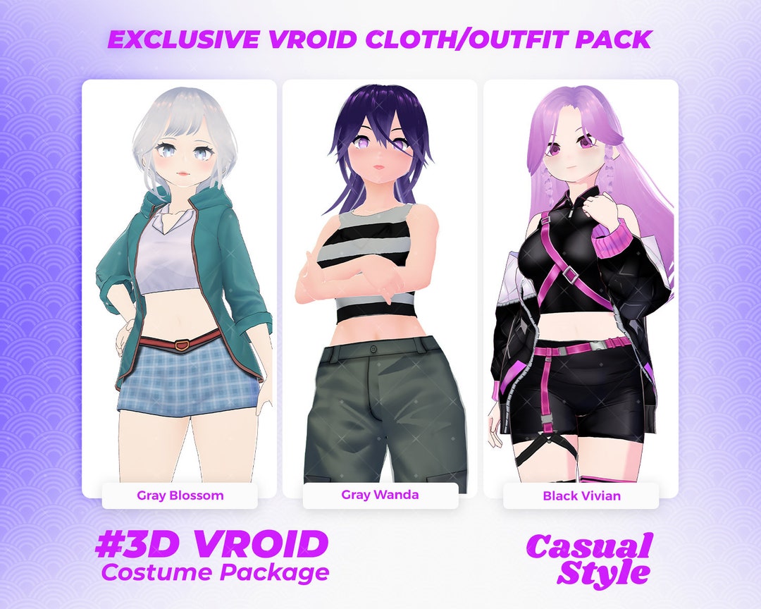 3 Casual Outfits in One Pack for Virtual Divas - Vroid Clothing Pack ...