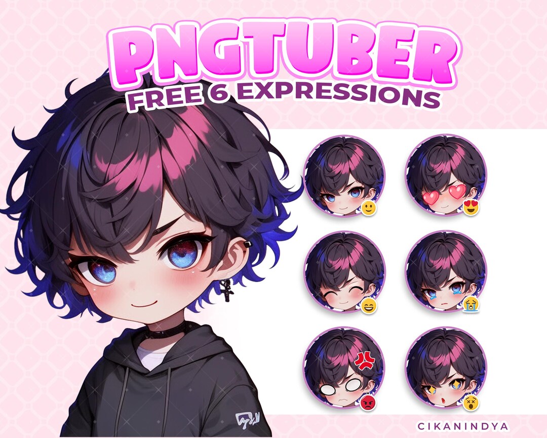 Premade Pngtuber – Edgy Chibi Male Model With Pink and Blue Highlights ...