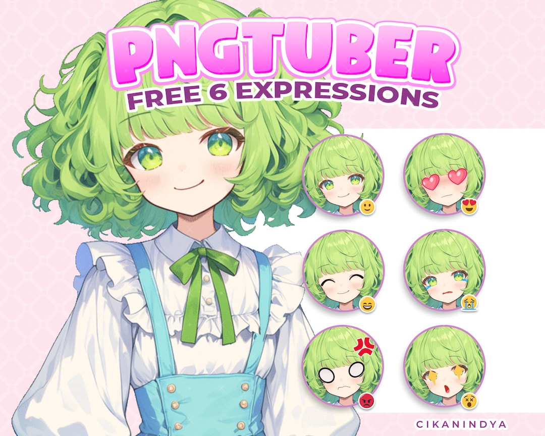 PNG Tuber | Sweet Girl With Green Hair and Ribbon Bow | Get 6 Poses ...