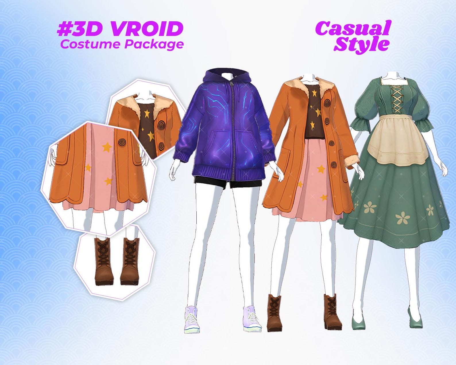 Vroid Clothing Pack: 3-in-1 Outfit Set - Maid, Cyber, Cottagecore - Etsy