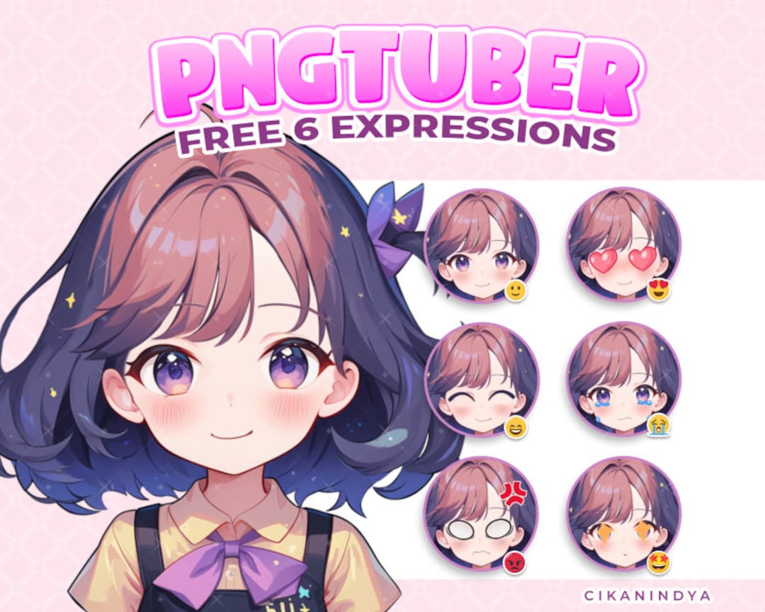 Anime Girl Pngtuber Avatar: 12 Poses, Purple Ribbon - Etsy