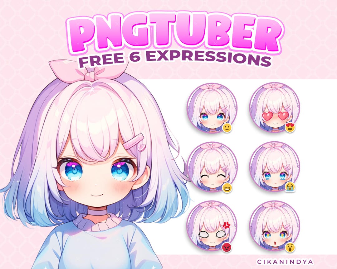 PNG Tuber | Cute Pastel PNG Tuber Avatar With Pink Bow and Sparkling Galaxy Eyes | Get 6 Poses ...