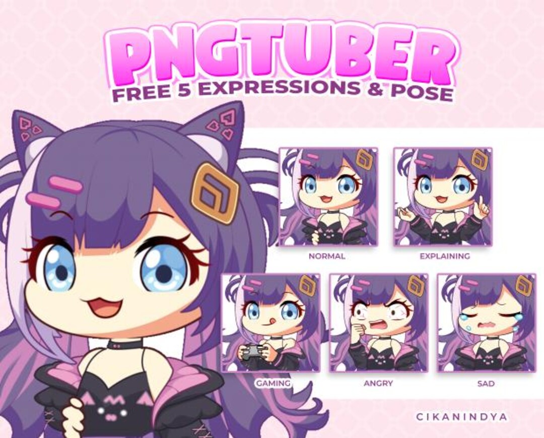 Chibi Pngtuber Avatar: Purple Hair, Edgy Style - 5 Poses - Etsy