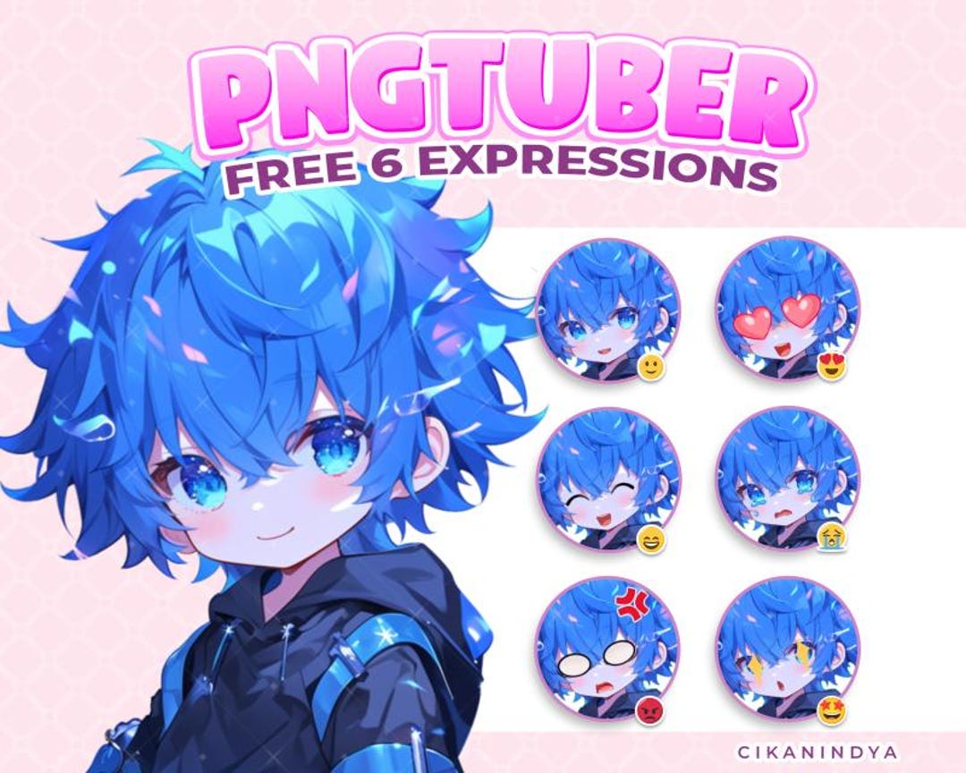 Blue Haired Pngtuber Model: 6 Kawaii Vtuber Poses - Etsy