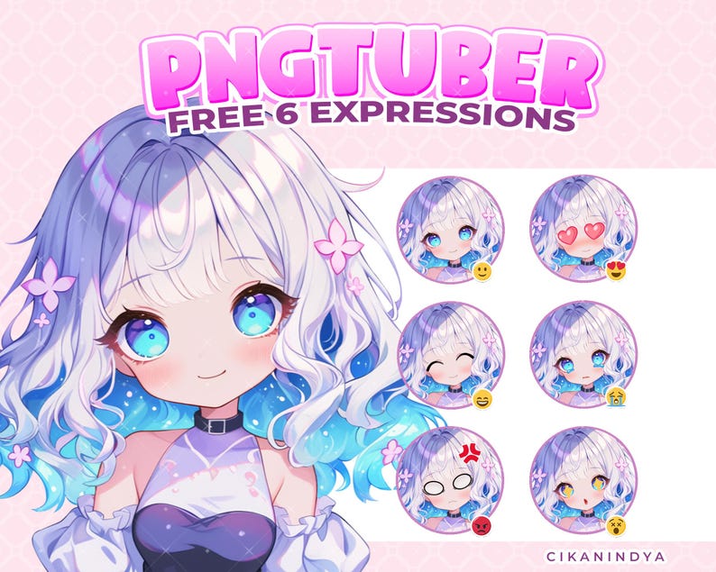 Ethereal Premade Chibi Pngtuber – White and Blue-haired Girl With ...