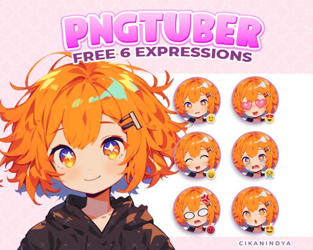 PNG Tuber | Vibrant Orange Hair Vtuber Character With Sparkling Eyes ...