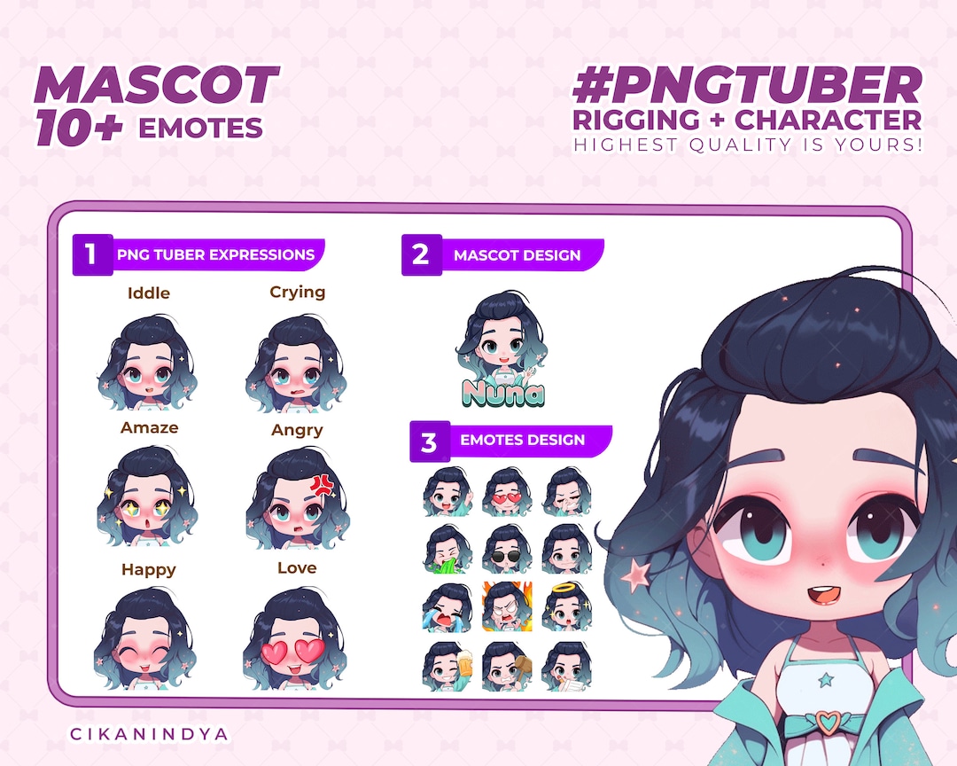 Pngtuber | PNG Tuber Nuna V2 Girl Pack | Get 6 Expressions | 12 Emote ...