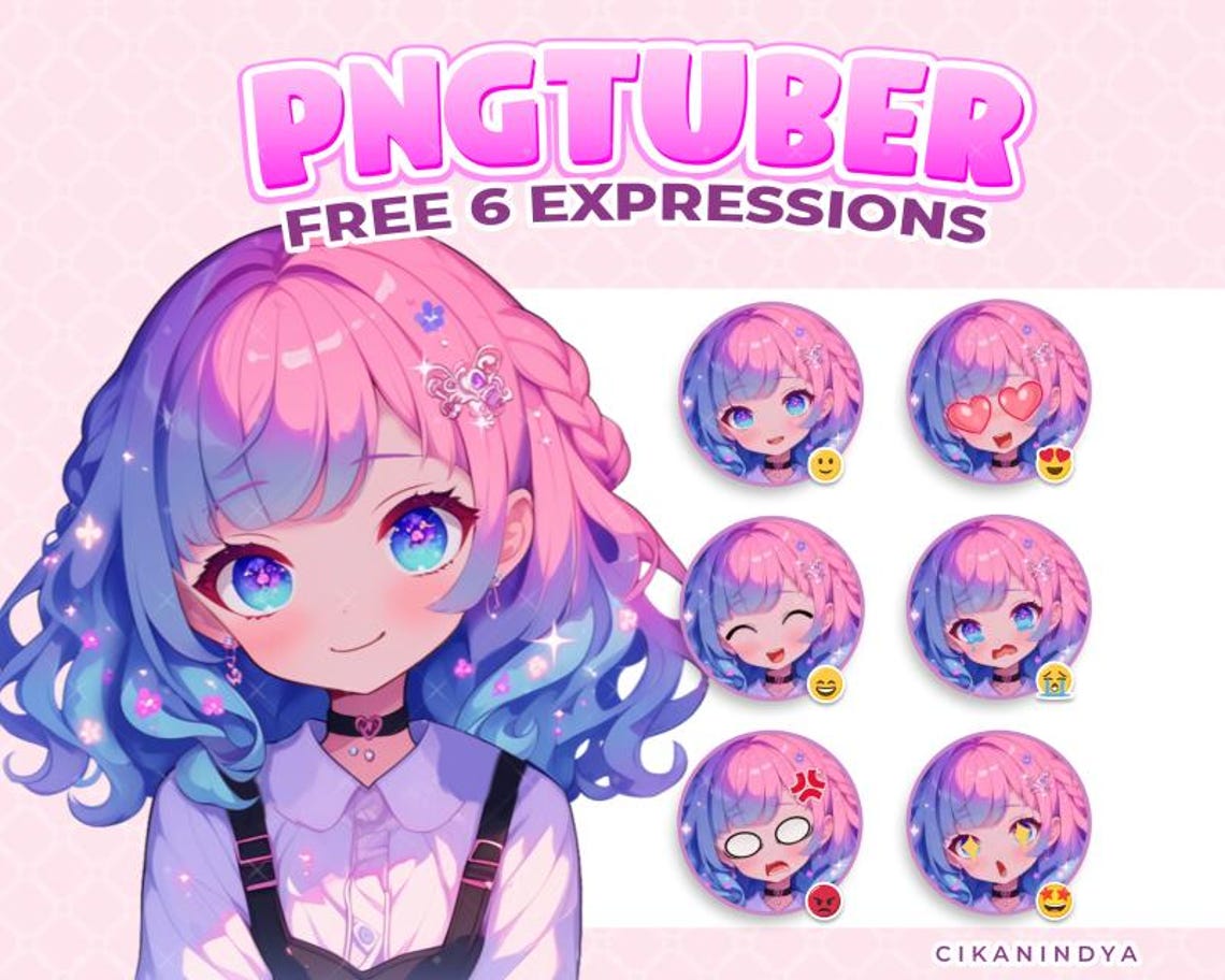 Magical Bloom Chibi PNG Tuber Avatar: Pink & Blue Curls, 6 Expressions ...