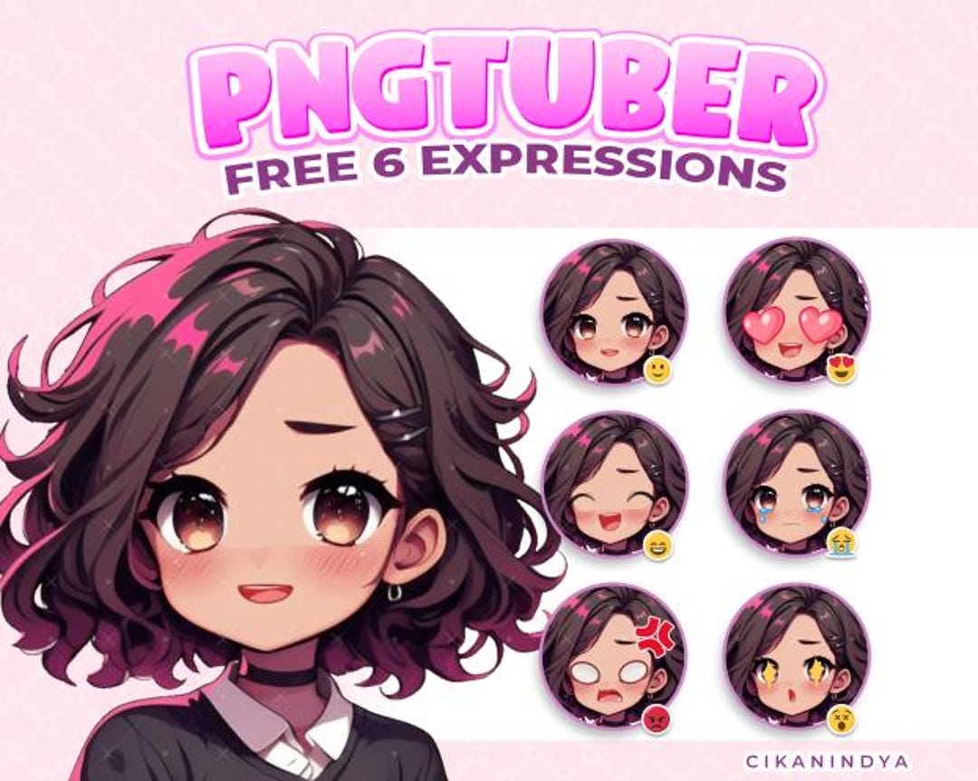 Elegant Chibi PNG Tuber Avatar With Dark Curls and Pink Highlights ...