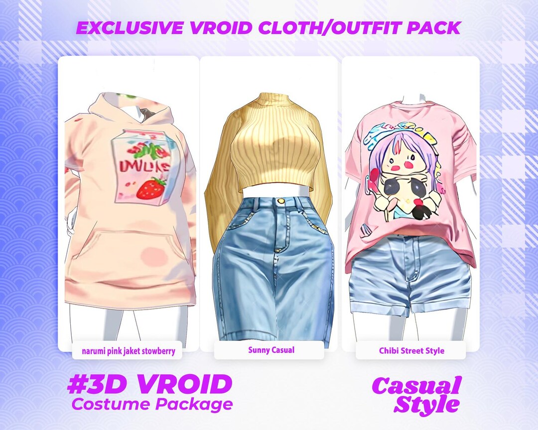 Vroid Outfit Pack | Narumi Pink Strawberry Hoodie, Sunny Casual, Chibi ...