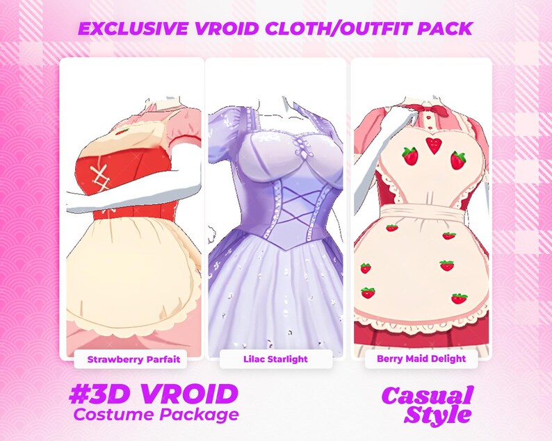 Vroid Outfit Pack: Strawberry, Lilac, Maid Dresses - 3D Anime Clothing ...